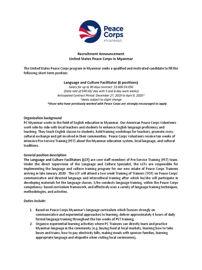 Recruitment Announcement United States Peace Corps in Myanmar | PDF ...