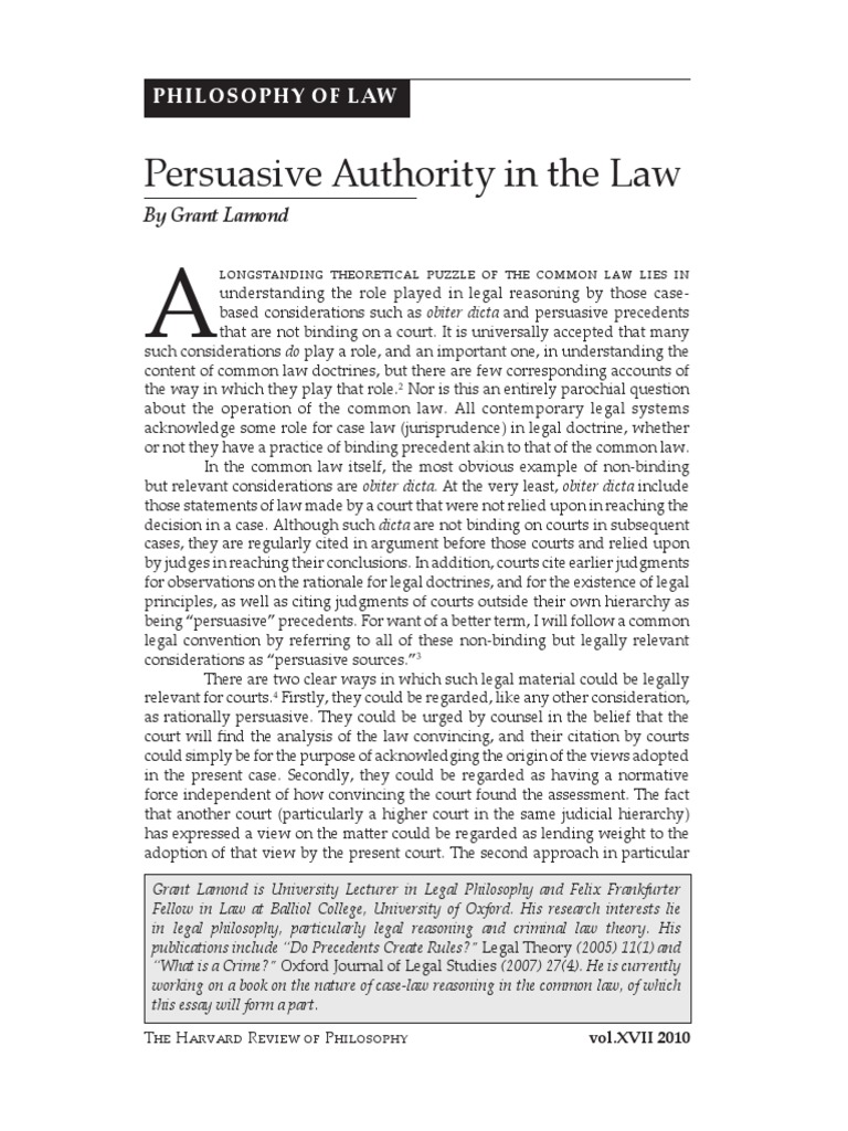 Persuasive Authority in The Law Grant Lamond PDF | PDF | Obiter Dictum ...