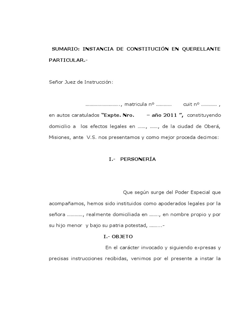 Querellante Particular - Modelo | PDF | Queja | Información del gobierno