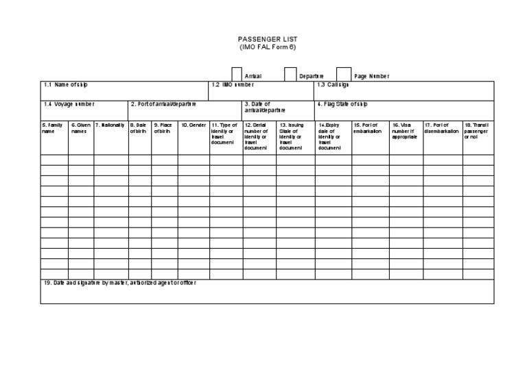 (IMO FAL Form 6) : Passenger List | PDF