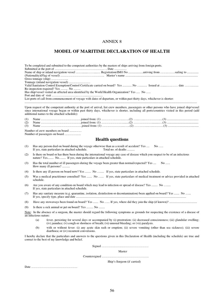 Model Maritime Declaration of Health | PDF | Sea Captain | Health Care