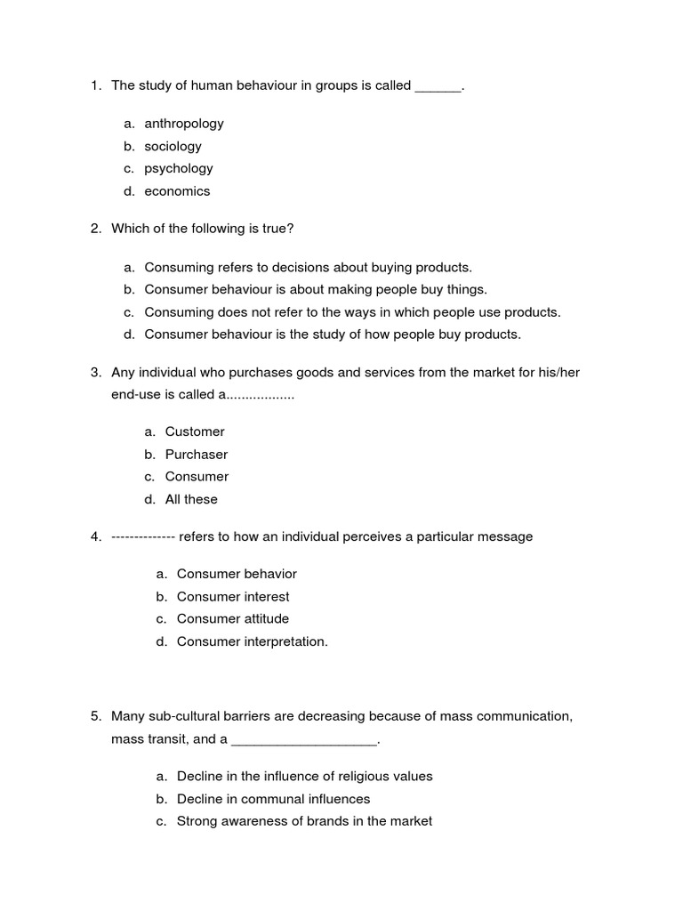 MCQ - CONSUMER BEHAVIOUR - With Answer Keys PDF | Download Free PDF | Consumer Behaviour | Behavior