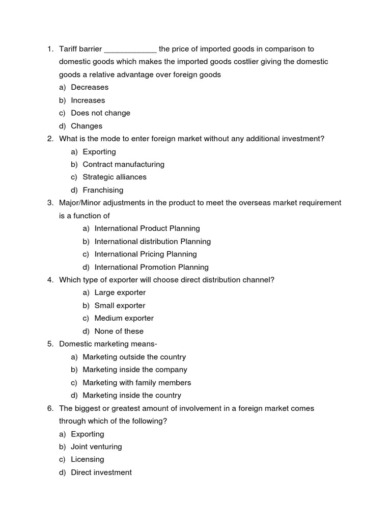 MCQ - International Marketing - With Answer Keys PDF | PDF | Exports ...