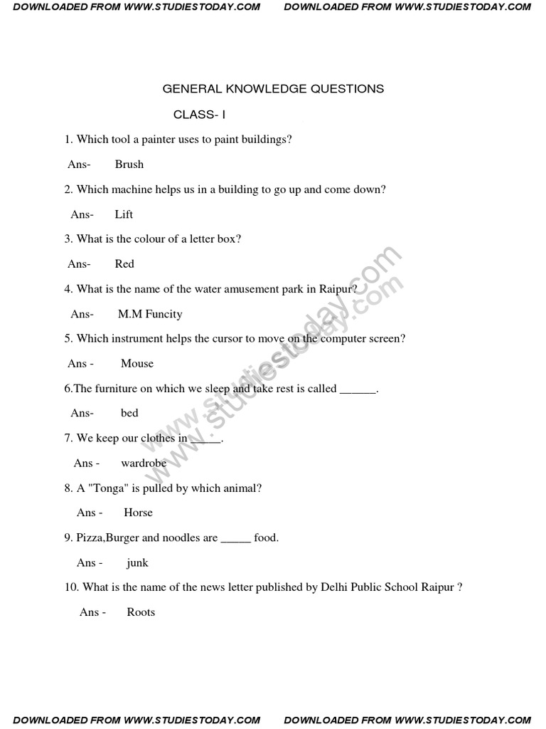 Class I General Knowledge Quiz | PDF