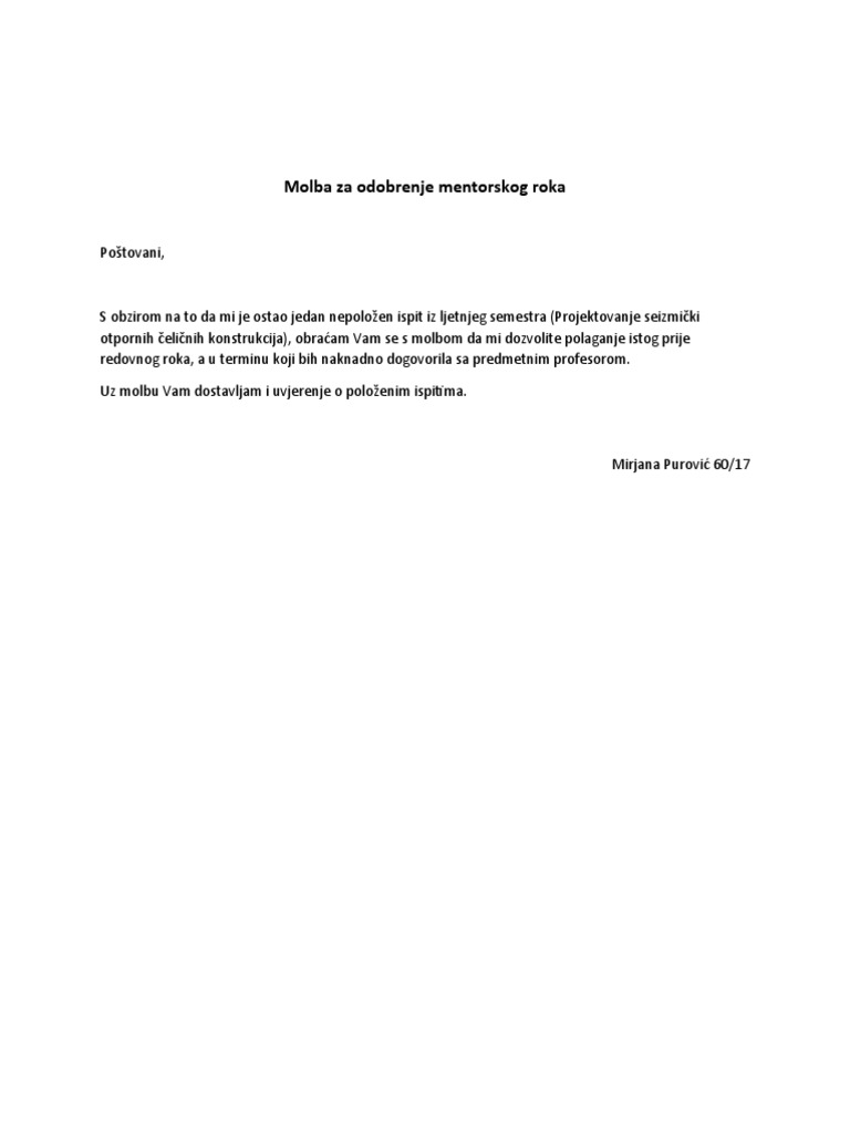 Molba Za Odobrenje Mentorskog Roka | PDF