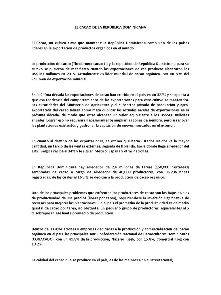 Cultivo y exportación de cacao RD | PDF | Exportaciones | República ...