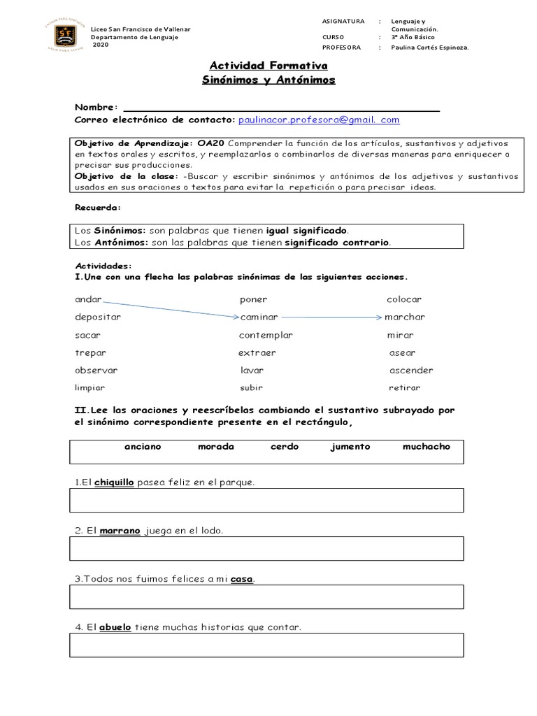 Actividad Formativa Sinónimos y Antónimos | PDF | Adjetivo | Tipología ...