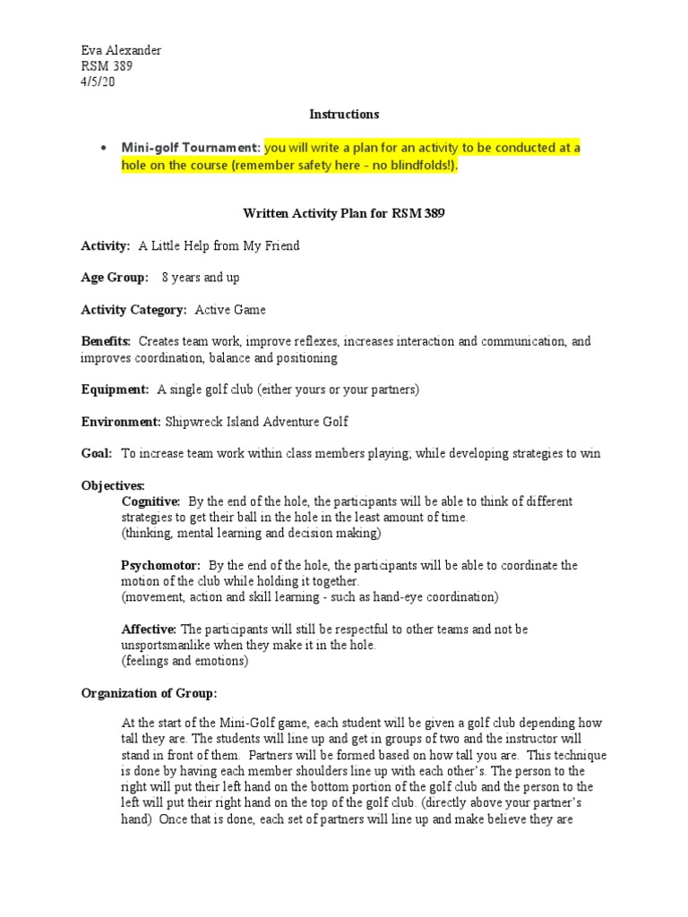 Mini-Golf Team Strategy Activity Plan | PDF | Learning | Psychological ...