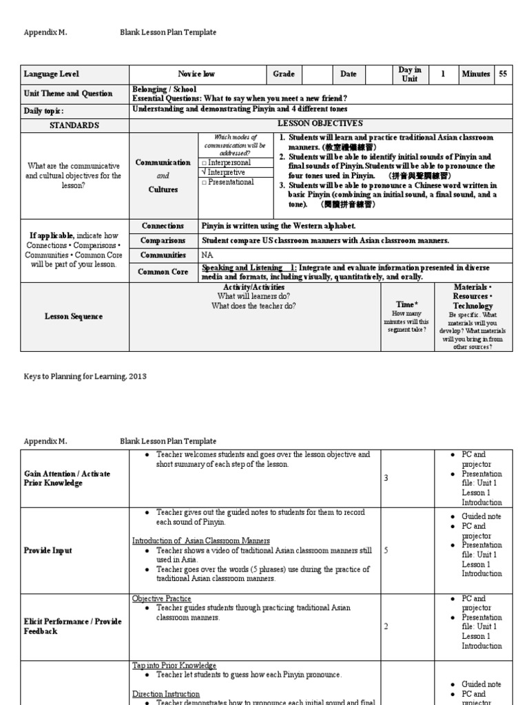 Lesson 1 Lesson Plan (Pinyin and 4 Tones) | PDF | Pinyin | Lesson Plan