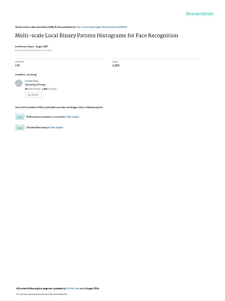 Multi-Scale Local Binary Pattern Histograms For Face Recognition | PDF | Personal Identification ...