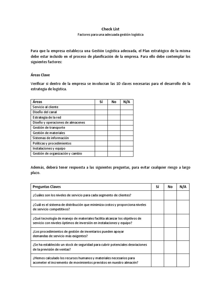 Check List - Gestión Logística | PDF | Logística | Planificación