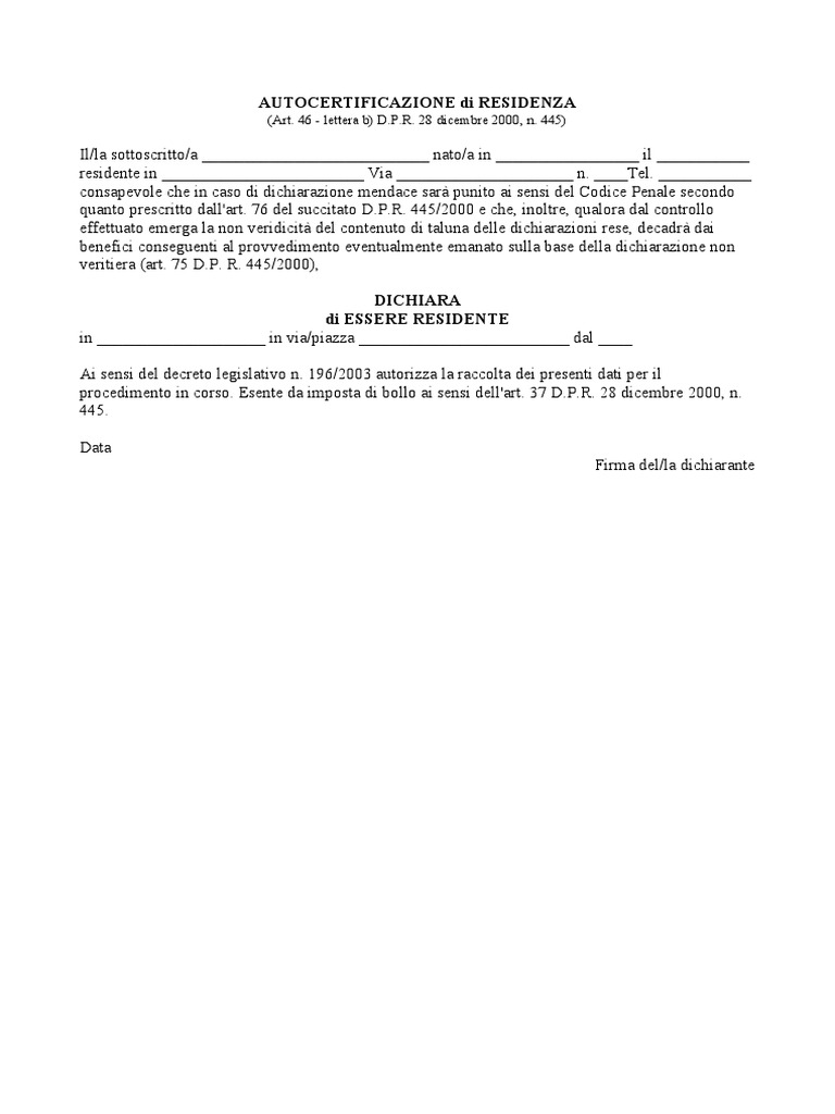 Modulo Di Autocertificazione Residenza | PDF