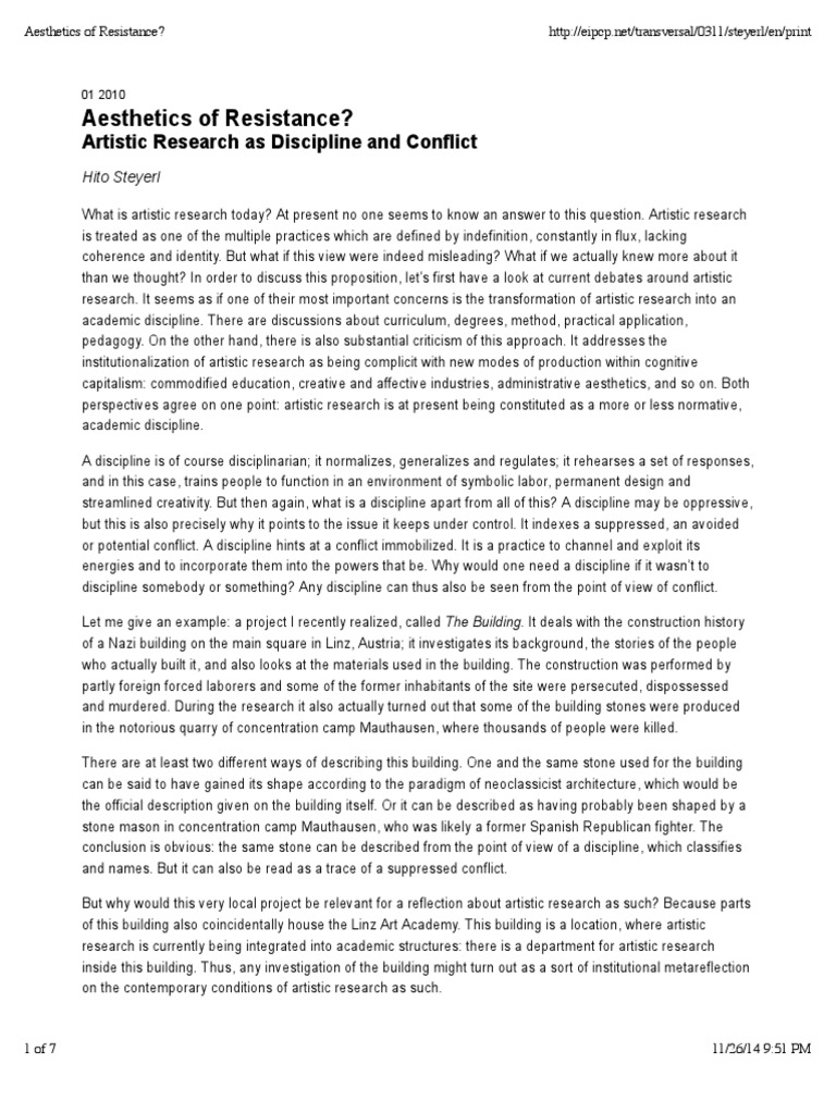 Aesthetics of Resistance?: Artistic Research As Discipline and Conflict ...