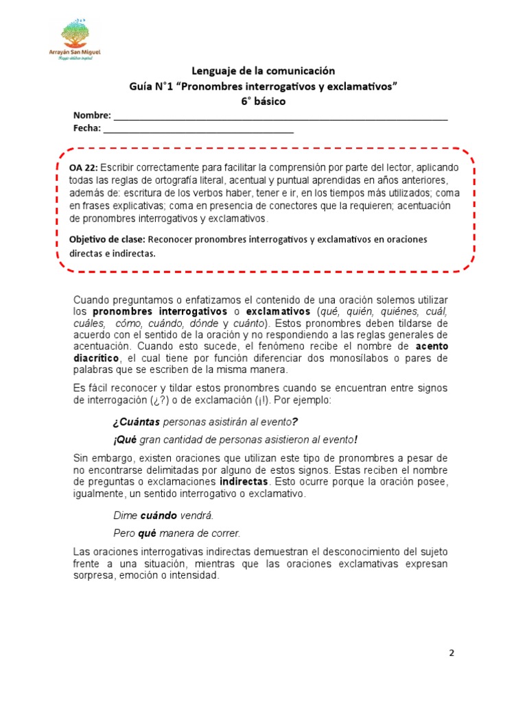 Guía N°1 6to Pronombres Interrogativos y Exclamativos. | PDF | Oración ...