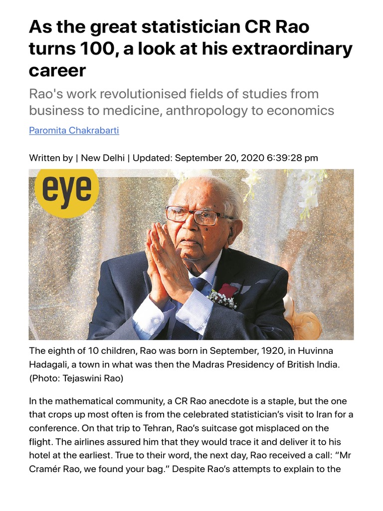 As The Great Statistician CR Rao Turns 100, A Look at His Extraordinary ...