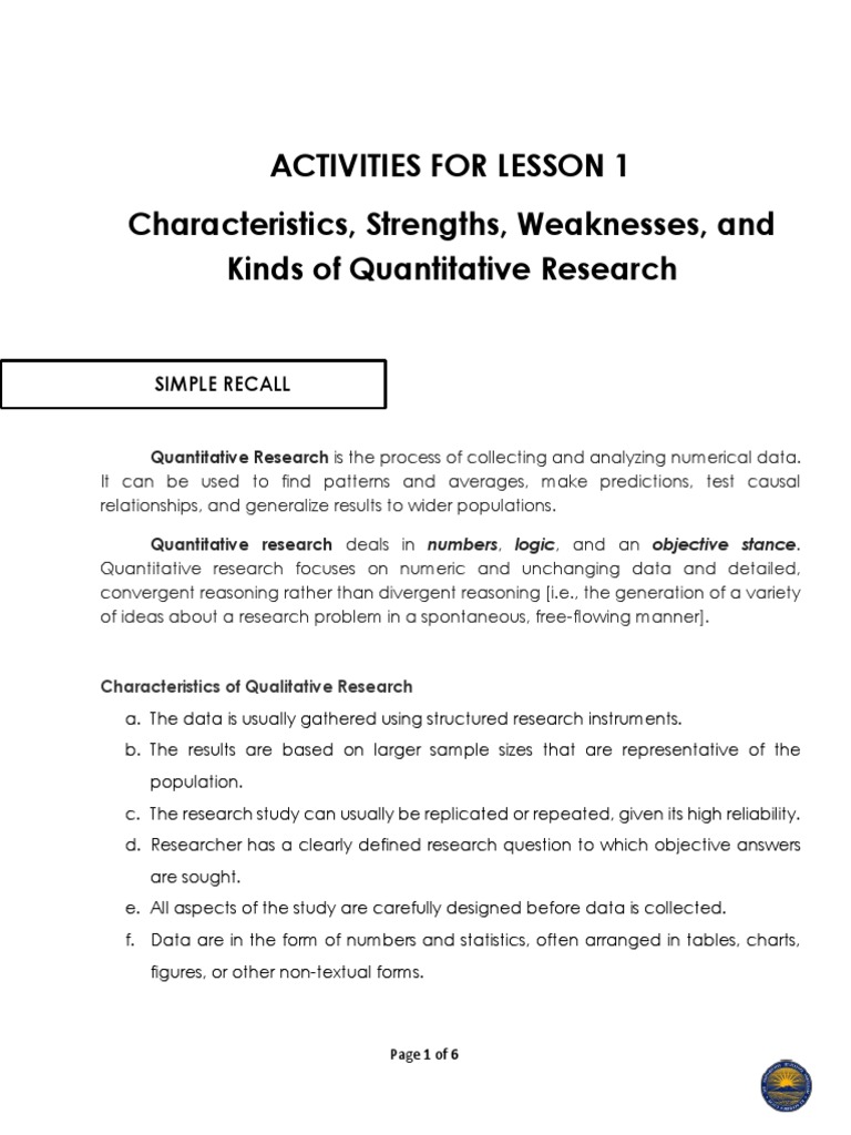 ACTIVITY SHEET FOR LESSON 1 Practical Research | PDF | Quantitative ...