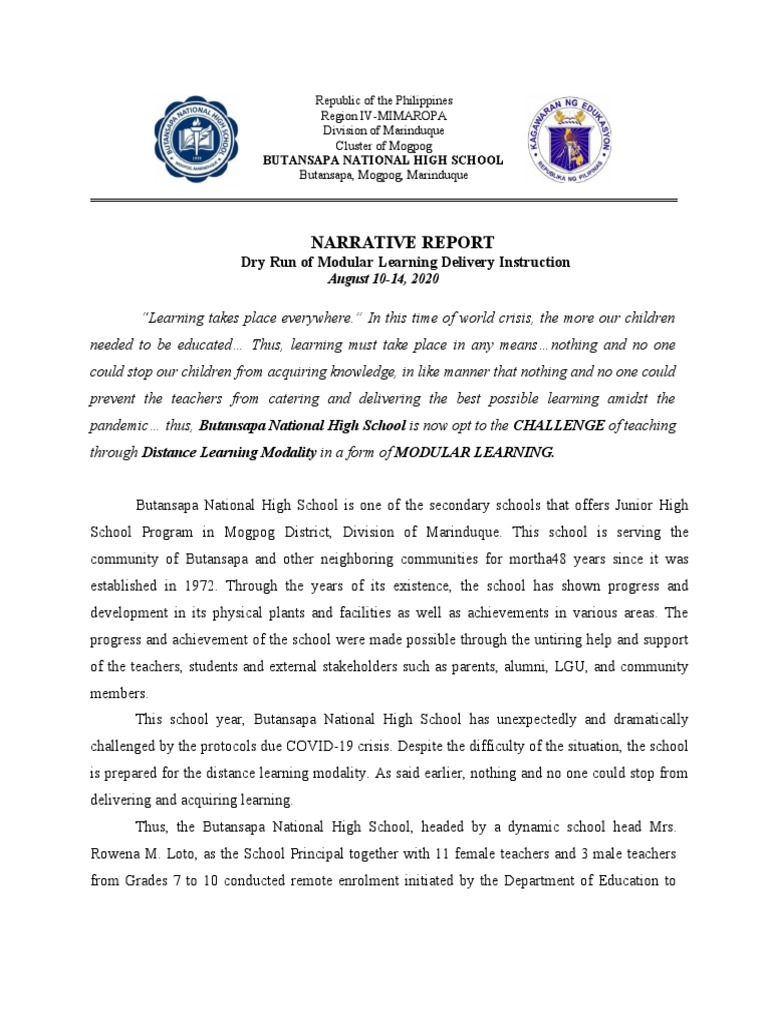 Narrative Report on the Dry Run of Modular Learning Delivery ...