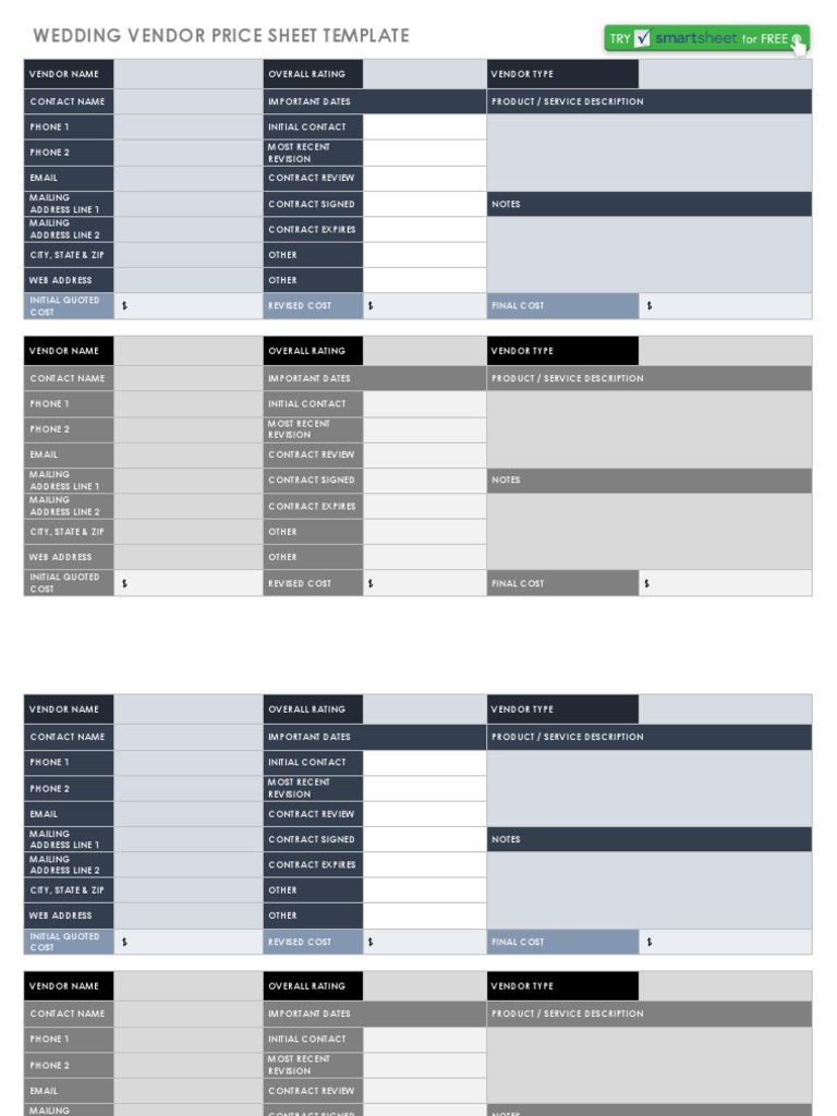 Wedding Vendor Price Sheet Template: A Comprehensive Tool for Tracking ...