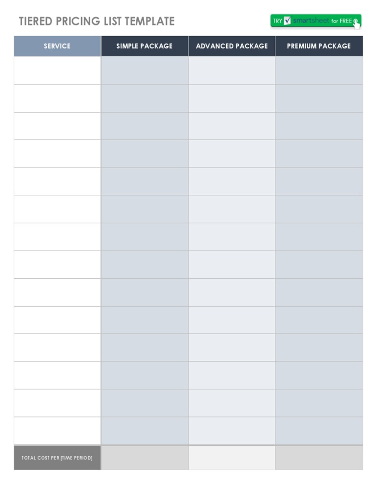 Tiered Pricing List Template: Service Simple Package Advanced Package ...