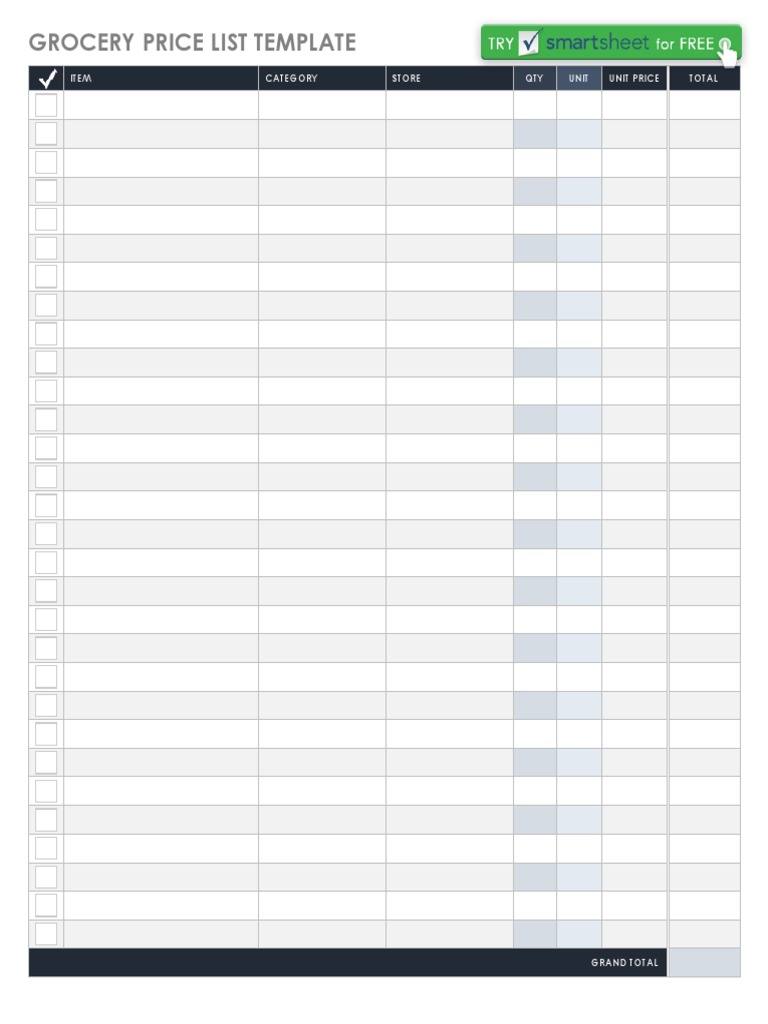 Grocery Price List Template: Item Category Store QTY Unit Unit Price ...