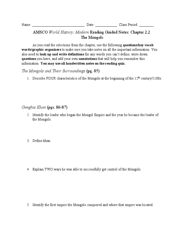 AMSCO World History: Modern Reading Guided Notes: Chapter 2.2 The ...