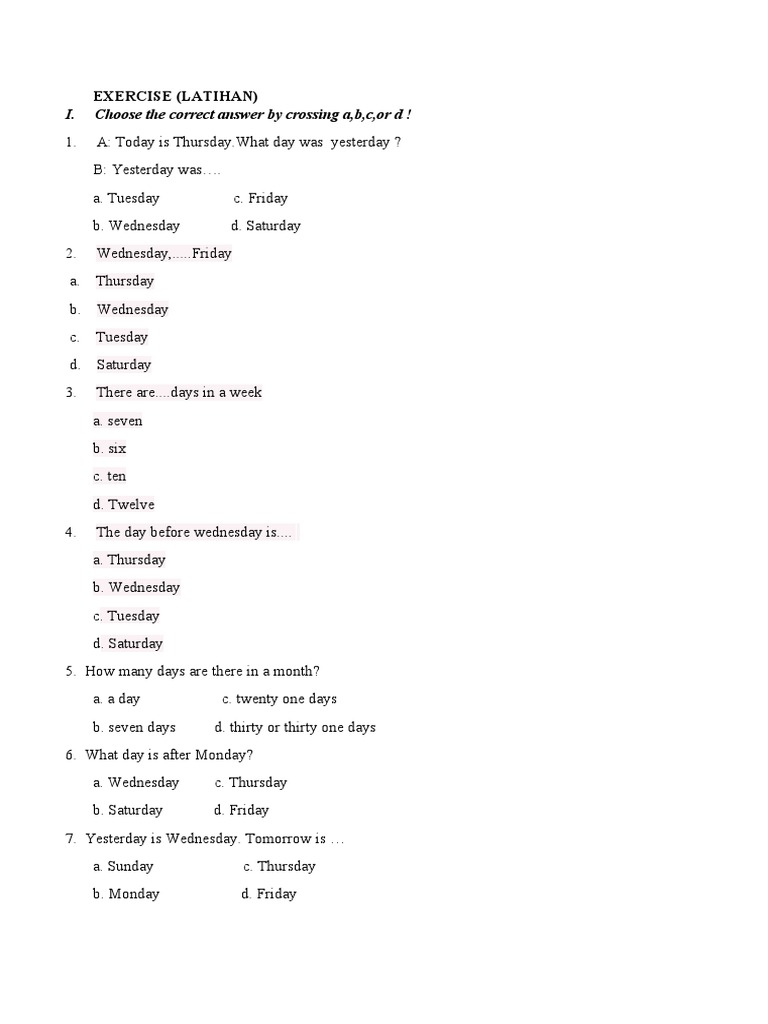 Days of the Week Exercise Quiz | PDF