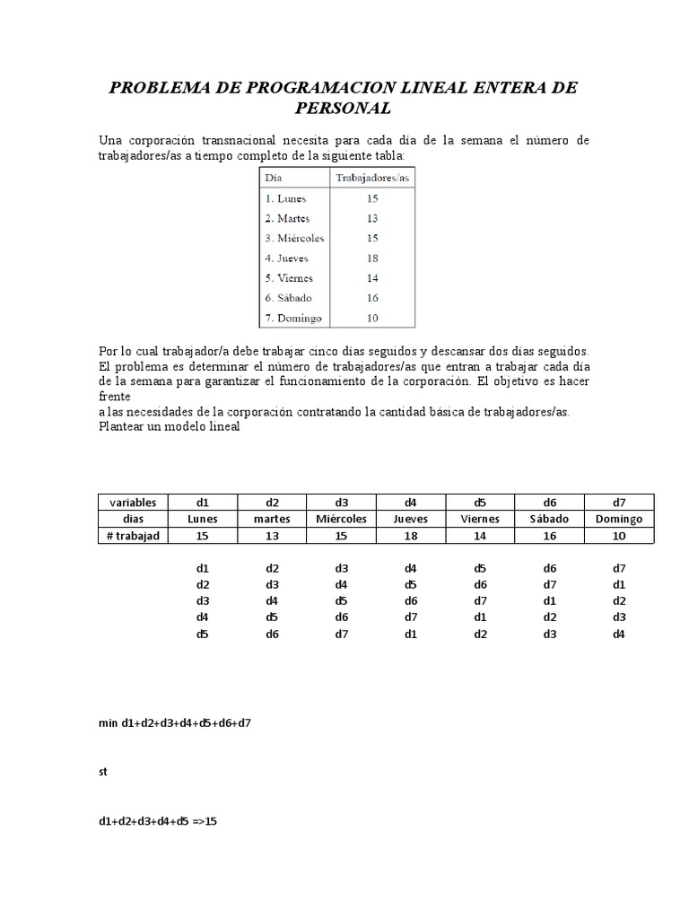 Problema de Programacion Lineal Entera de Personal | PDF
