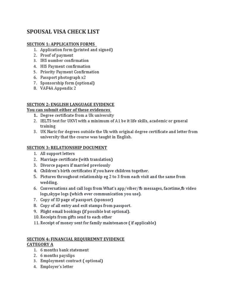 Spousal Visa Check List Category A&b | PDF