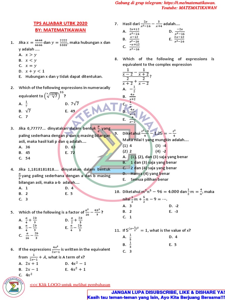 Matematikawan - 20 Soal TPS Kuantitatif UTBK 2020 Konsep ALjabar | PDF