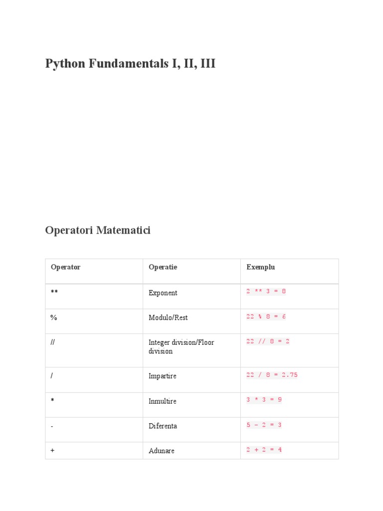 Python Fundamentals I, II, III: Operatori Matematici | PDF | Notation ...