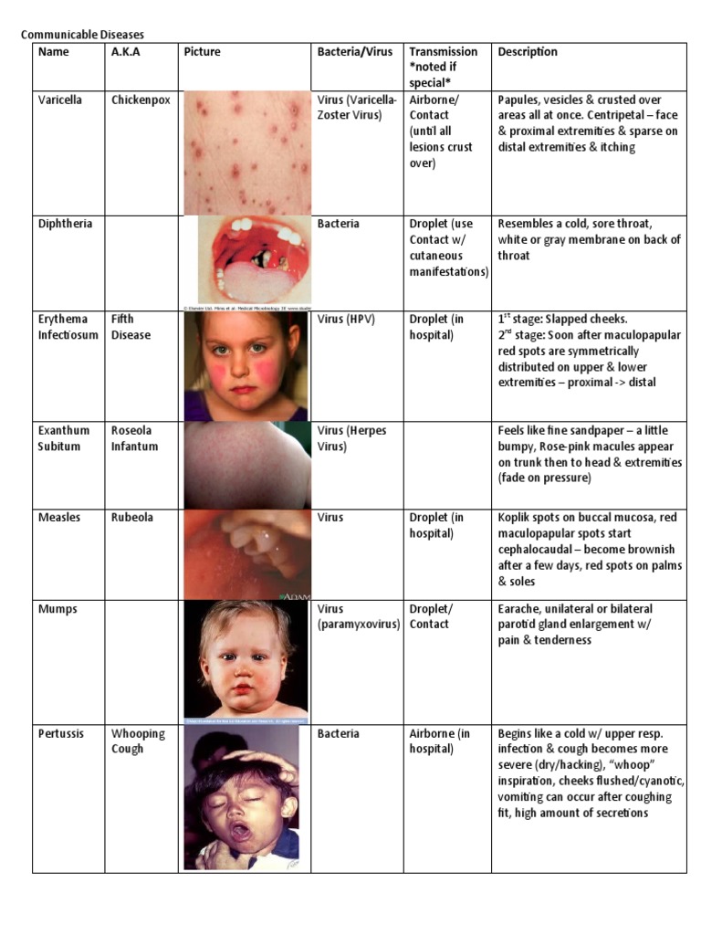 Communicable Diseases Chart With Pics | PDF | Pediatrics | Rtt
