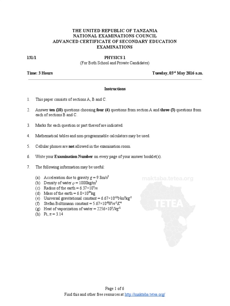 Analysis of a Tanzanian Physics Examination for Advanced Secondary ...