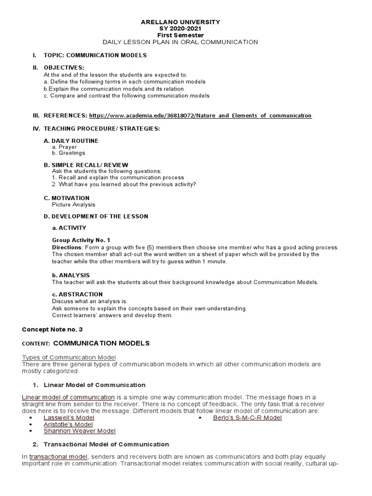 Daily Lesson Plan in Oral Communication: Arellano University SY 2020 ...
