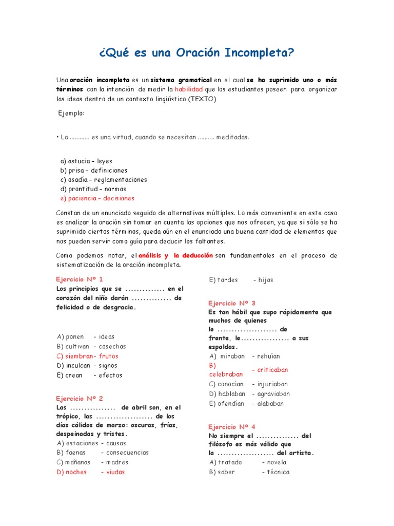 Oraciones Incompletas - Segundo | PDF | Oración (Lingüística) | Alma