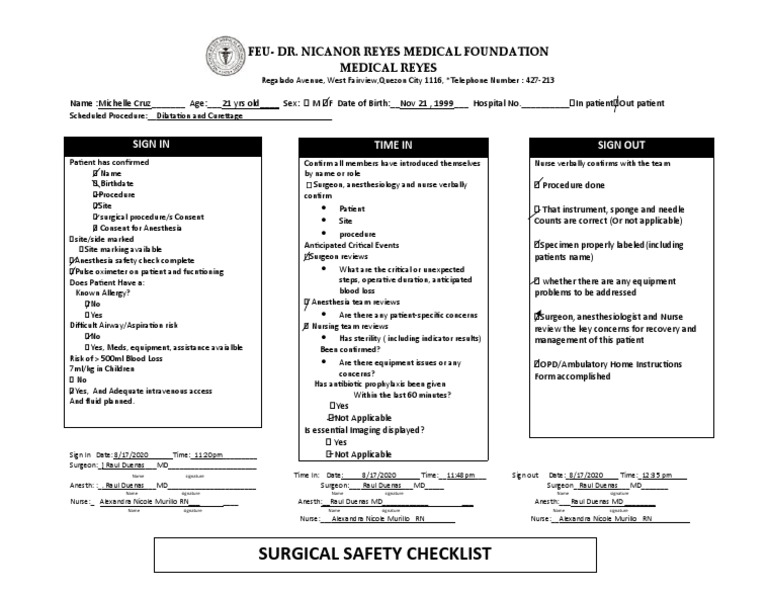 Surgical Safety Checklist: Feu-Dr. Nicanor Reyes Medical Foundation ...