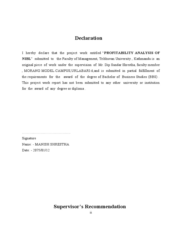 Declaration: NIBL" Submitted To The Faculty of Management, Tribhuvan ...