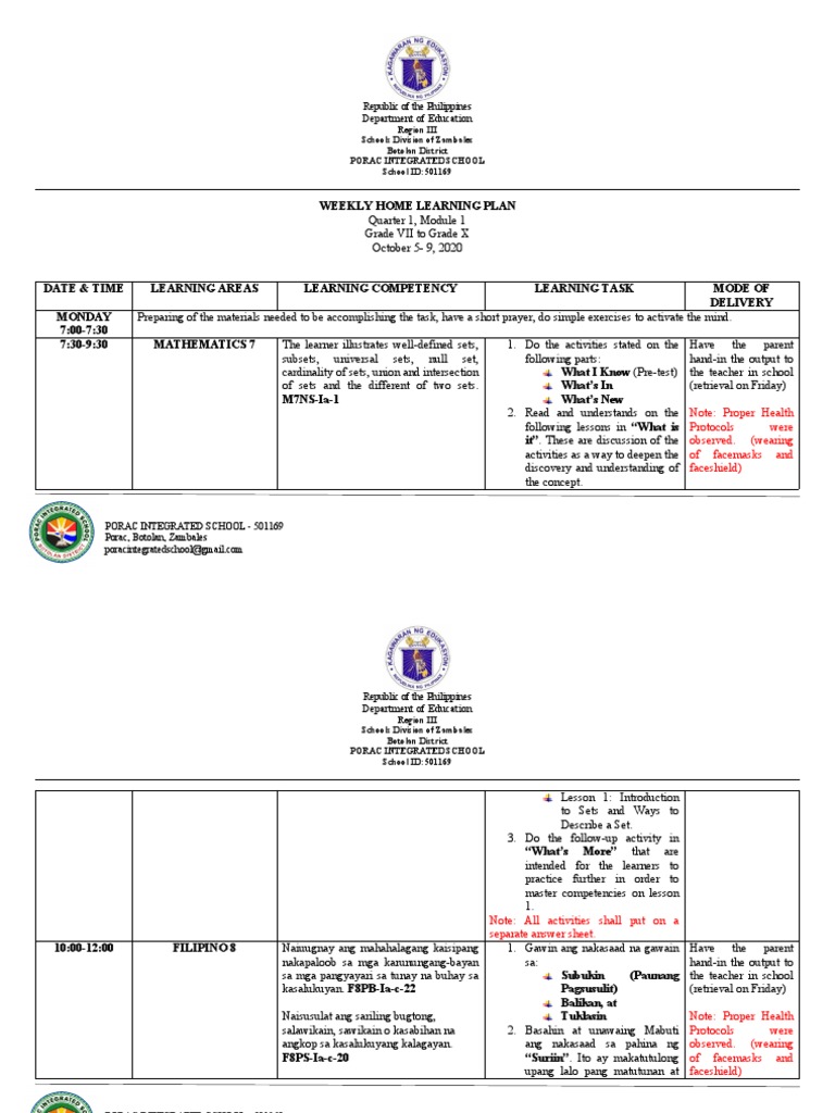 Weekly Home Learning Plan (Week 1) | PDF | Factorization | Learning