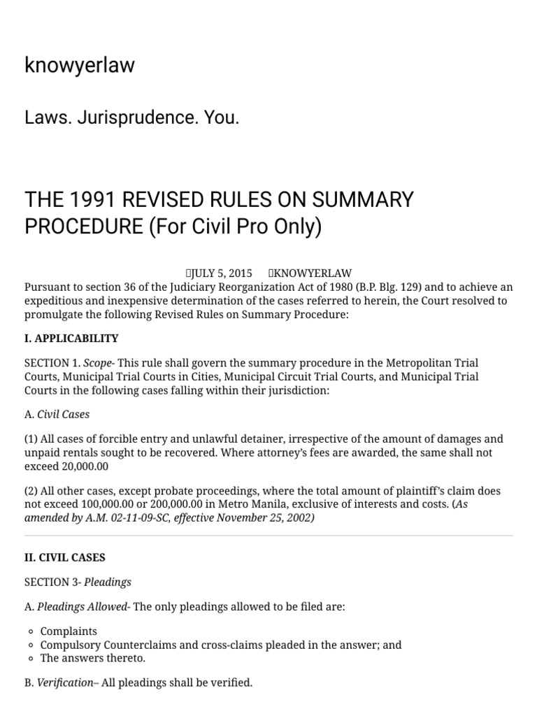 The Revised 1991 Rules on Summary Procedure for Civil Cases: A Guide to Expediting ...
