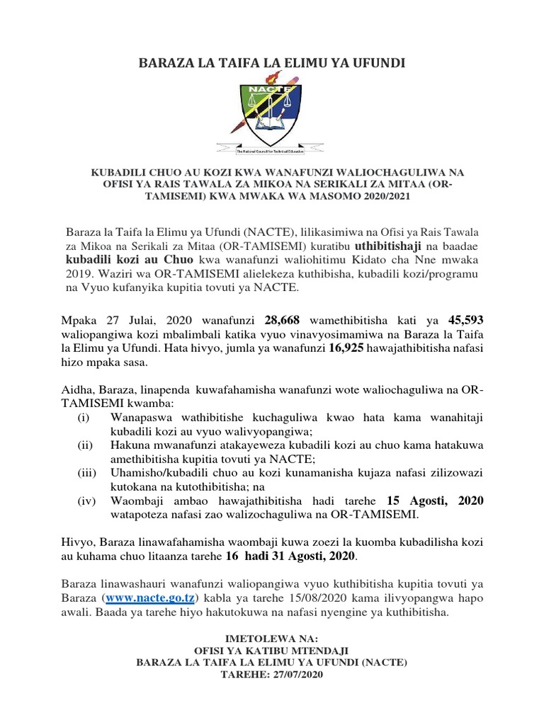 TANGAZO Uhamisho OR-TAMISEMI Final | PDF