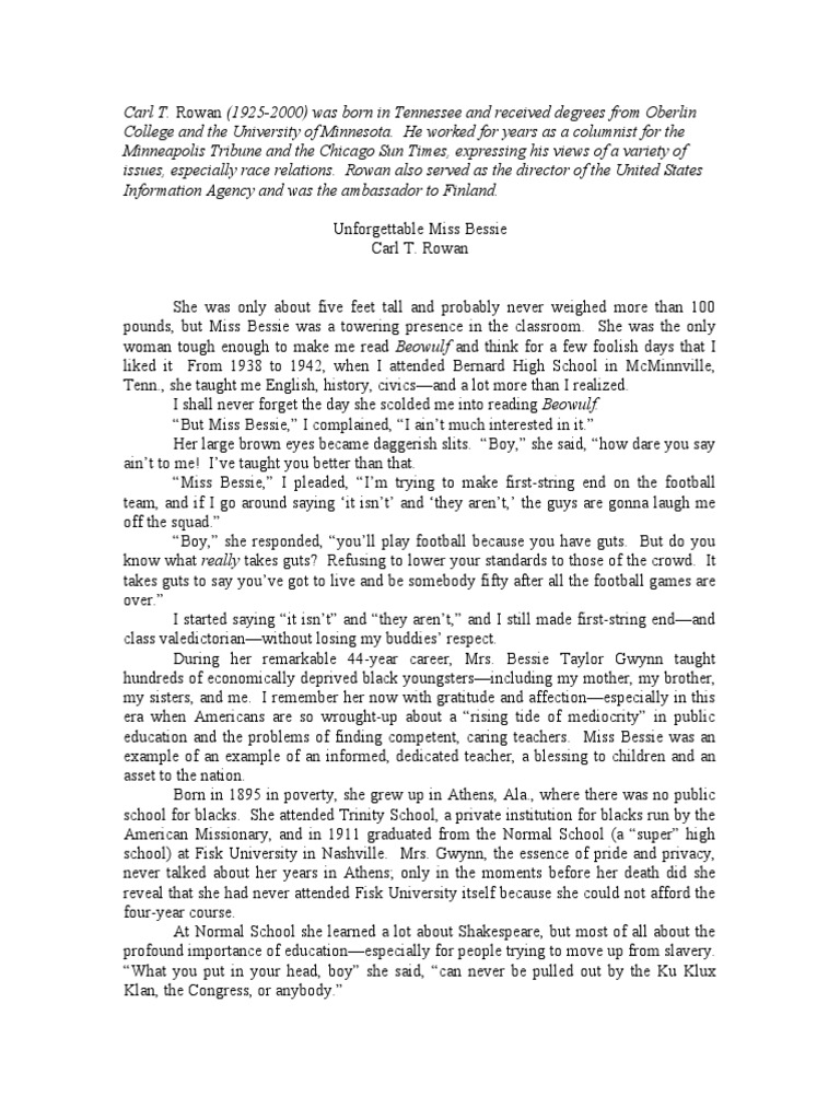 Unforgettable Miss Bessie-Carl T.Rowan | PDF | Teachers | Poetry