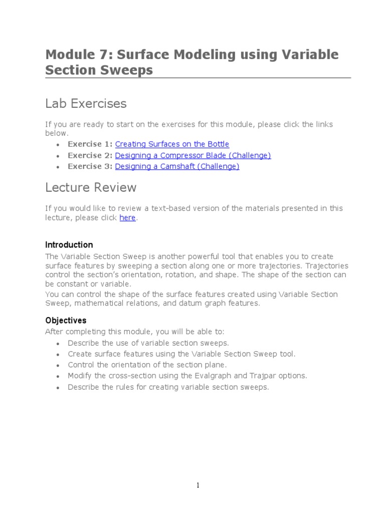 Module 7: Surface Modeling Using Variable Section Sweeps: Lab Exercises ...
