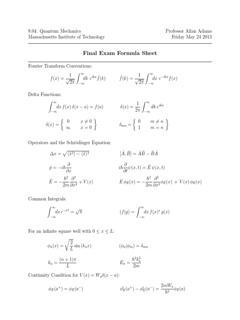 Final Exam Formula Sheet: Ikx Ikx | PDF | Theoretical Physics ...