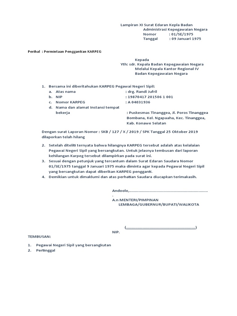 Permintaan Penggantian KARPEG Hilang | PDF