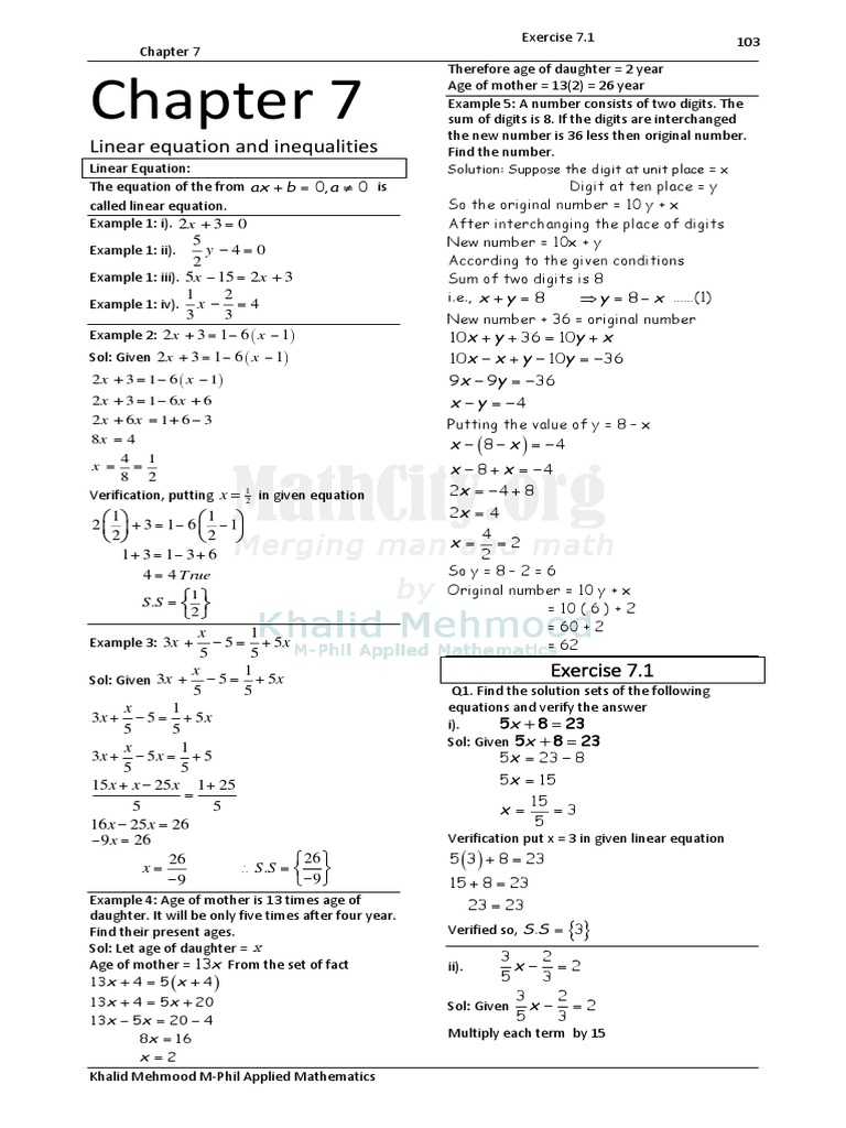 9th Chapter 07 (Linear Equations and Inequalities) PDF | PDF ...