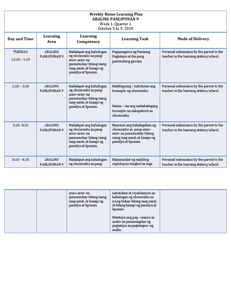 Weekly Home Learning Plan | PDF