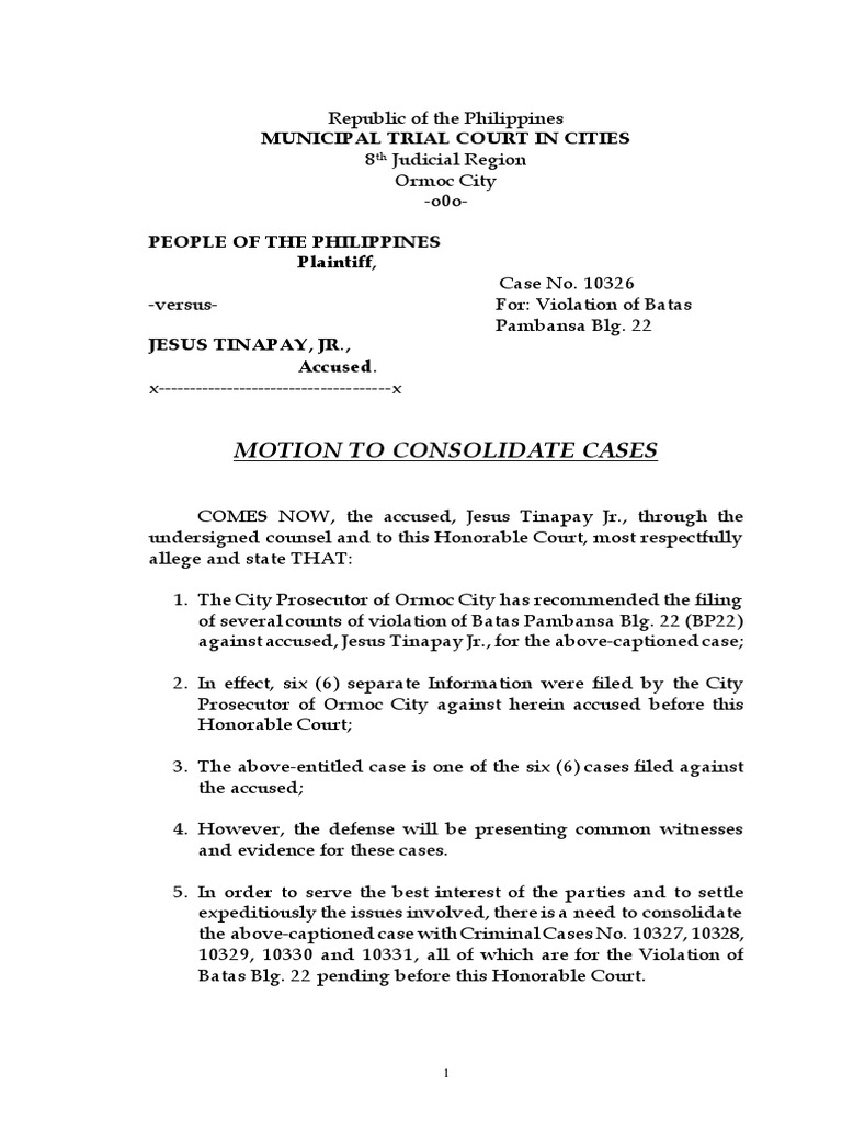 Motion To Consolidate Cases Joel Mascariñas V Jesus Tinapay Jr. | PDF ...