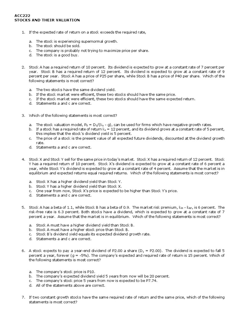Quiz Stocks and Their Valuation | PDF | Stocks | Yield (Finance)
