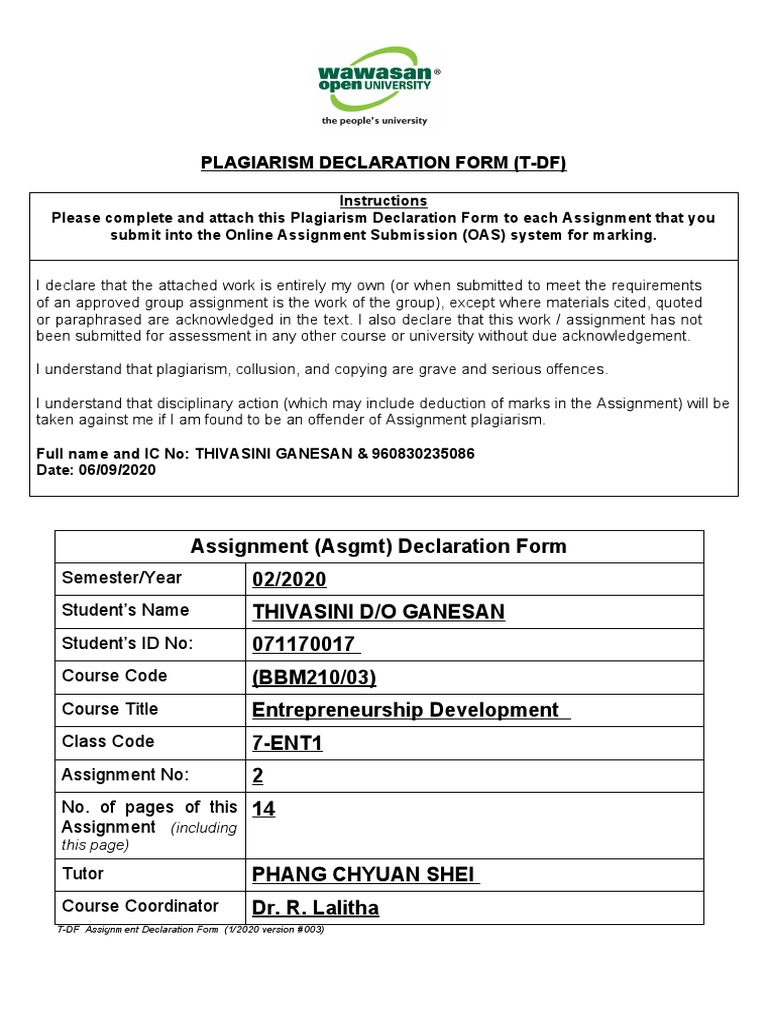 Plagiarism Declaration Form (T-DF) | PDF | Partnership | Limited ...