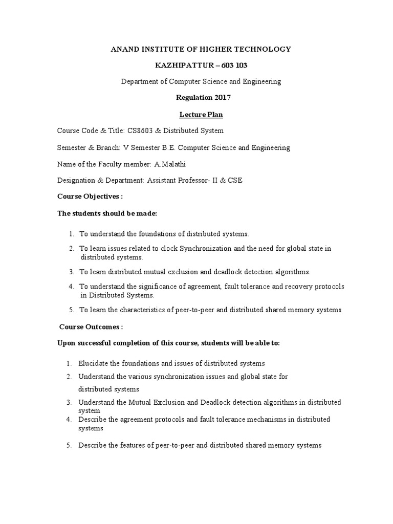 CS8603 Lesson Plan | PDF | Distributed Computing | Peer To Peer