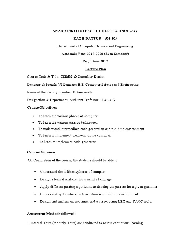 CS8602 - CD-Lesson Plan-Regulation-2017 | PDF | Parsing | Compiler